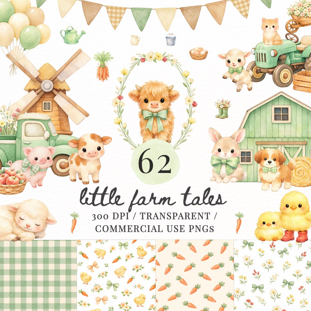 Cute Farm Animals Clipart PNG Bundle, Watercolor Barnyard Cow Pig Sheep ...