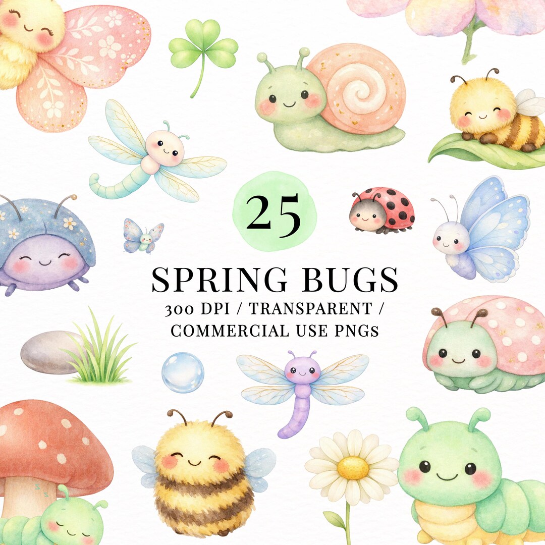 Spring Bugs Clipart Bundle PNG | Cute Kawaii Insects, Snail Ladybug ...