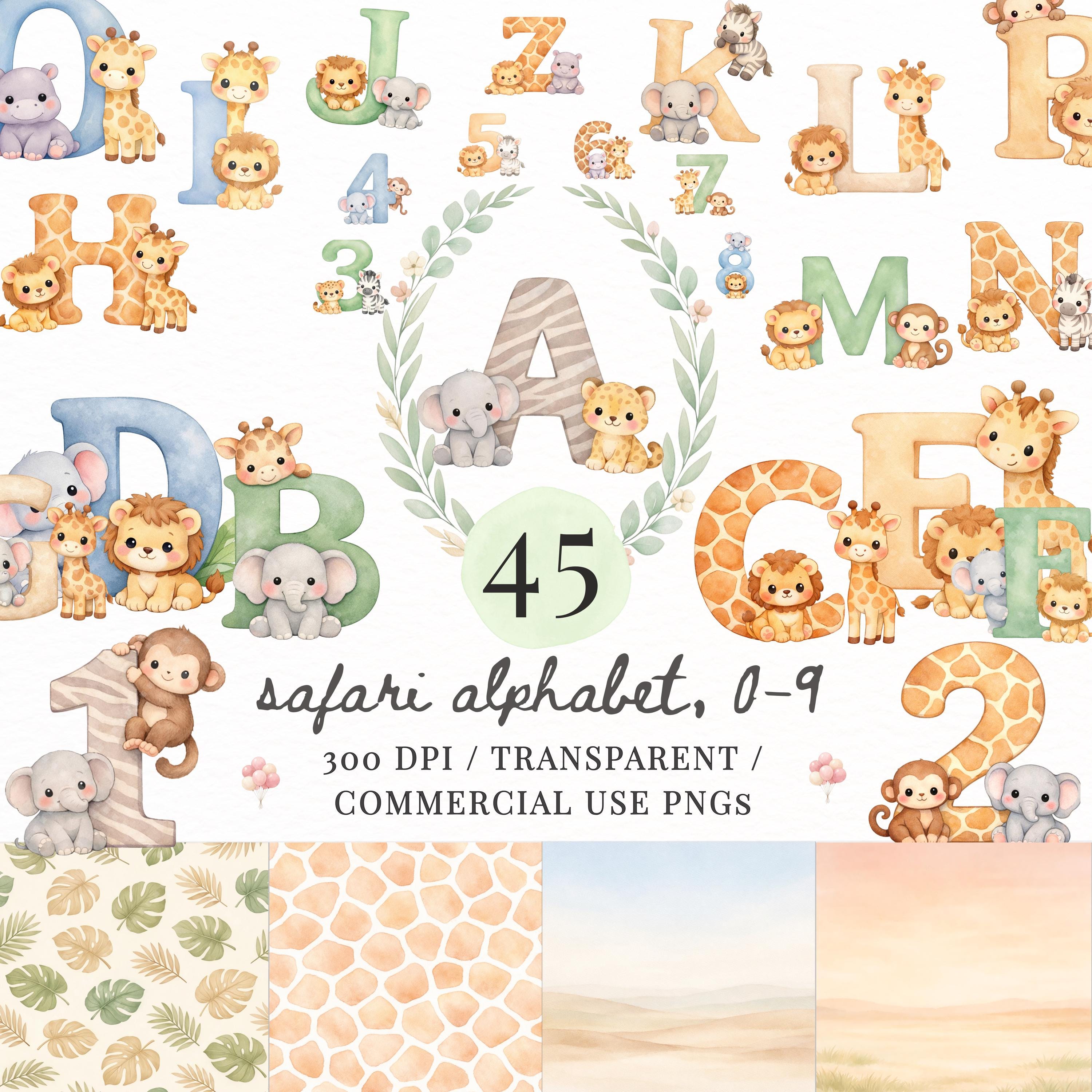 Safari Alphabet Clipart PNG, Animal Letters and Numbers Set, Jungle ABC ...