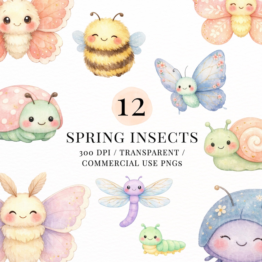 Spring Bugs Clipart PNG Bundle, Cute Watercolor Insects, Kawaii Snail ...