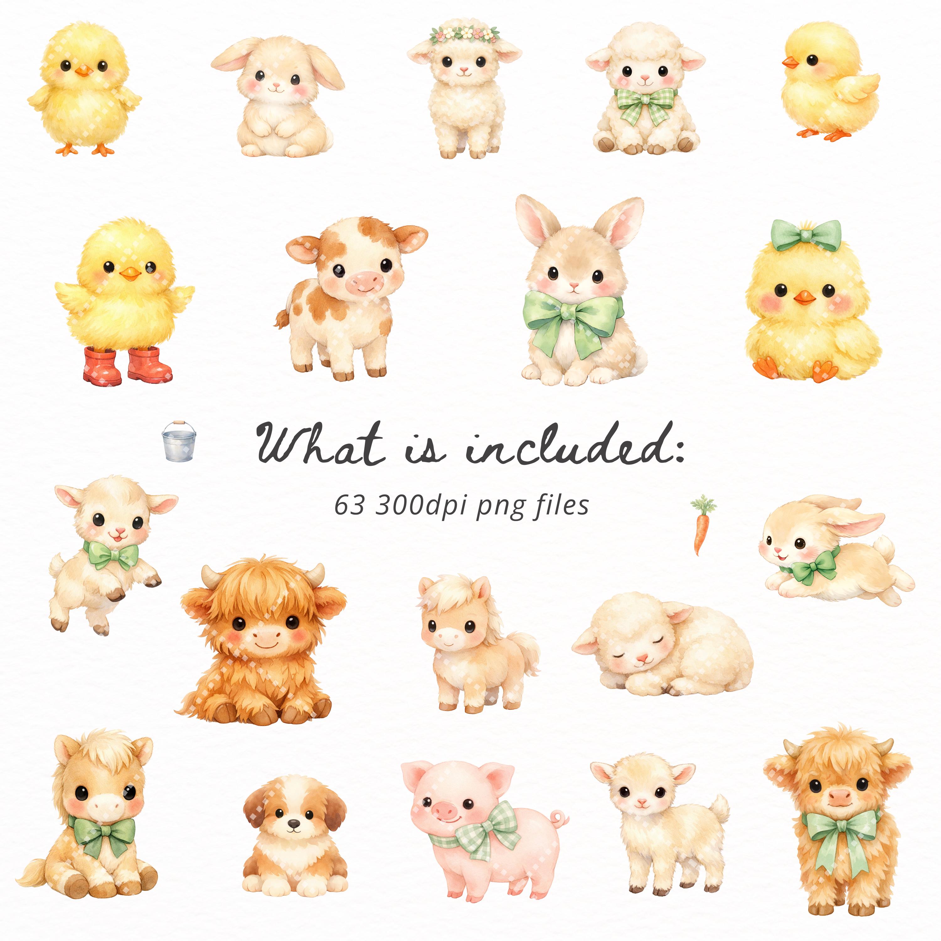 Cute Farm Animals Clipart PNG Bundle, Watercolor Barnyard Cow Pig Sheep ...