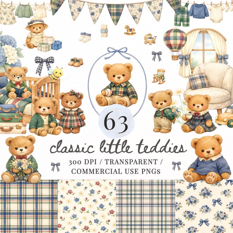 Watercolor Teddy Bears Clipart PNG, Classic Nursery Bears & Baby ...