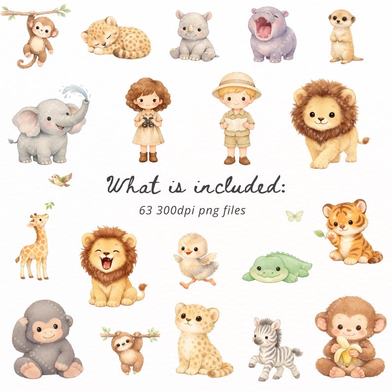 Cute Safari Clipart Bundle PNG, Jungle Animals Clipart, Elephant Lion ...