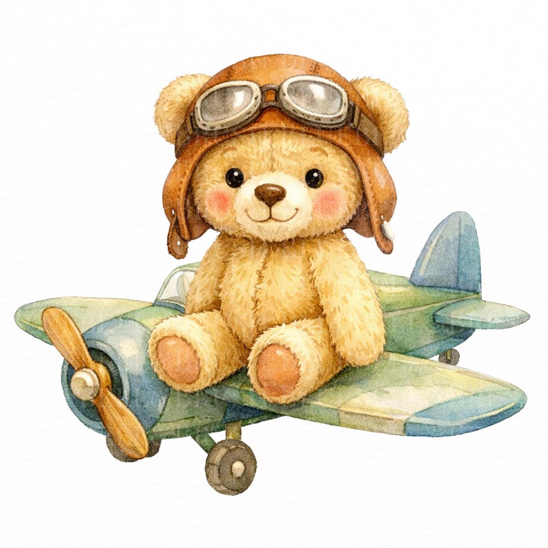 Watercolor Teddy Bear Airplane Clipart PNG, Cute Aviator Bear Graphics ...