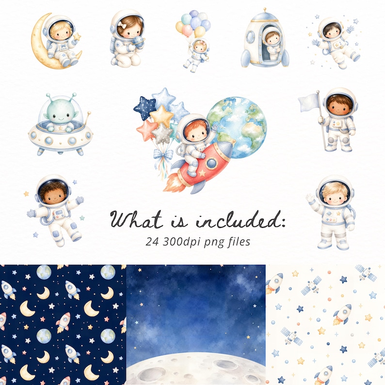 Cute Astronaut Clipart Bundle, Space Birthday PNG, Rocket Ship, Planets ...