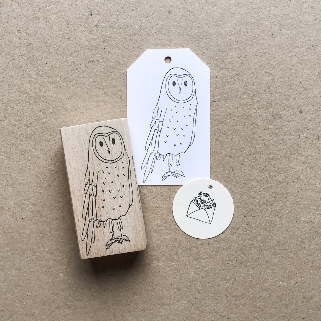Rubber Stamp "owl" - 35x64mm - Hand Drawn Animal Stamp With Wooden Base ...