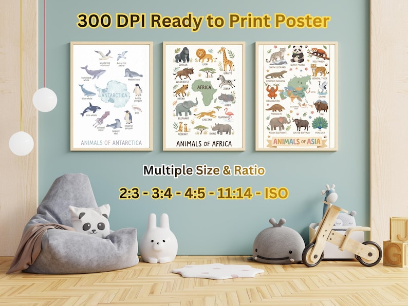 Animal World Map Nursery Art, Educational Continents Posters (digital ...