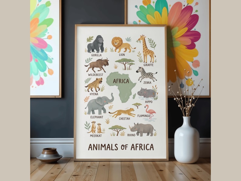 Animal World Map Nursery Art, Educational Continents Posters (digital ...