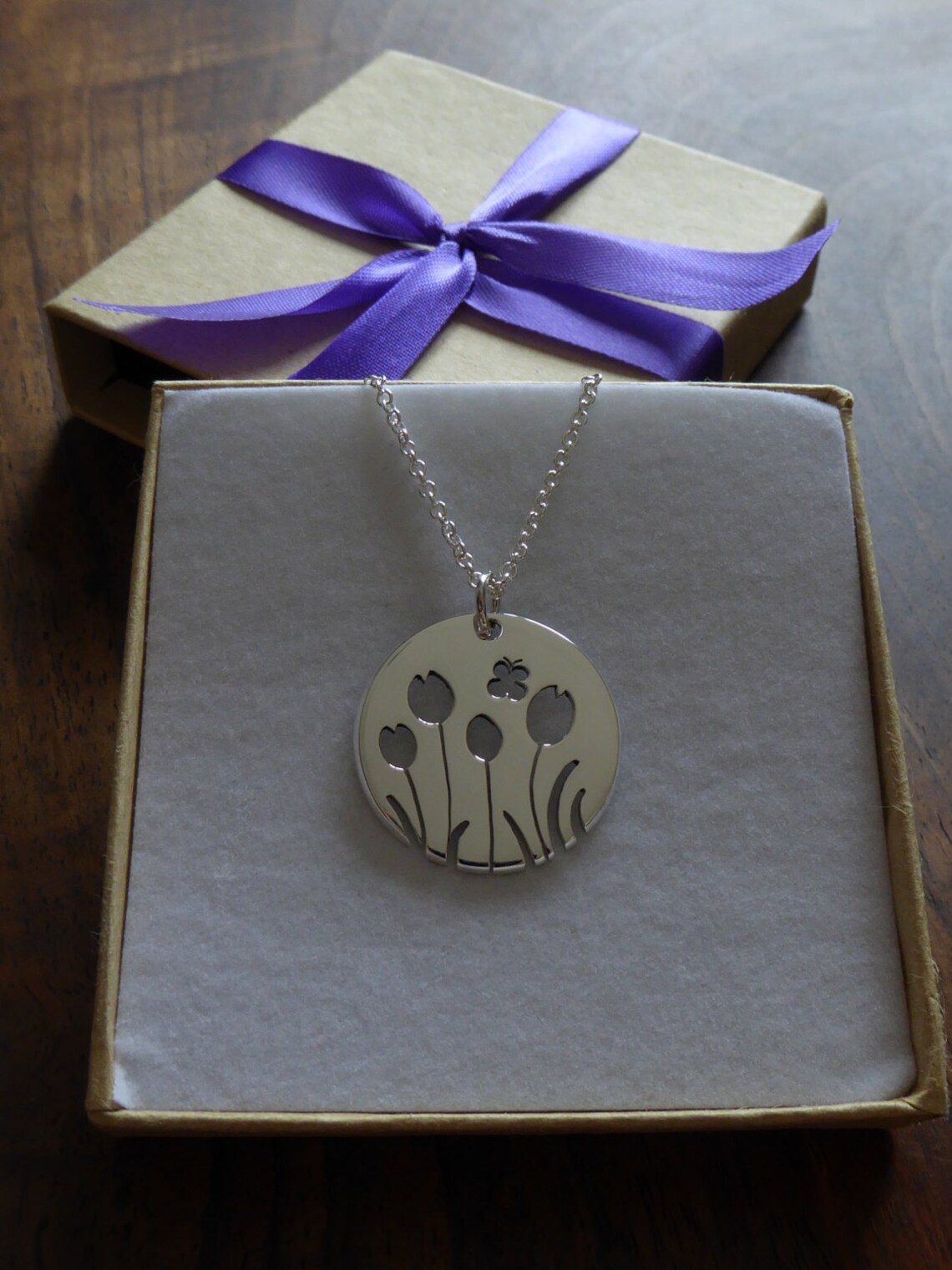 Silver Tulip With Butterfly Pendant Handmade Tulip Necklace - Etsy