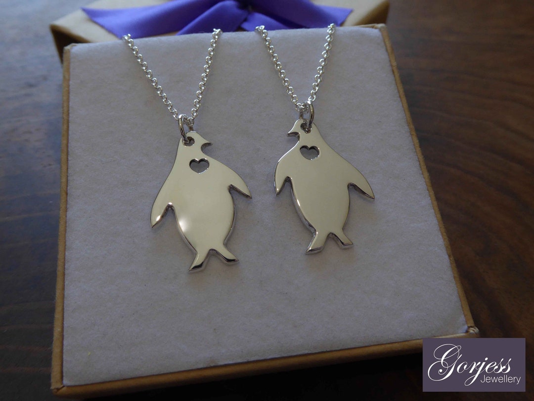 Personalised Silver Penguins With Hearts, Initials and Dates, Pendant ...
