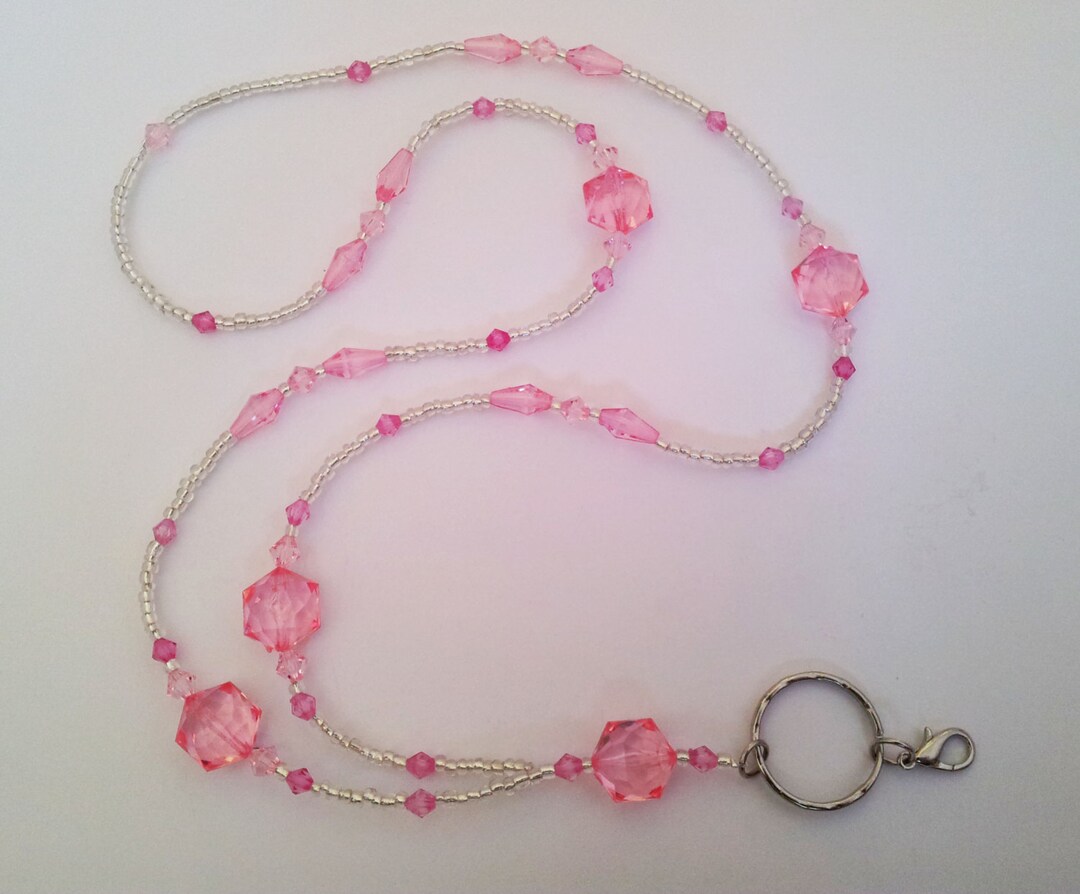 ID Badge Holder HANDMADE Name Tag, Silver Clear & Light Pink, Beaded ...