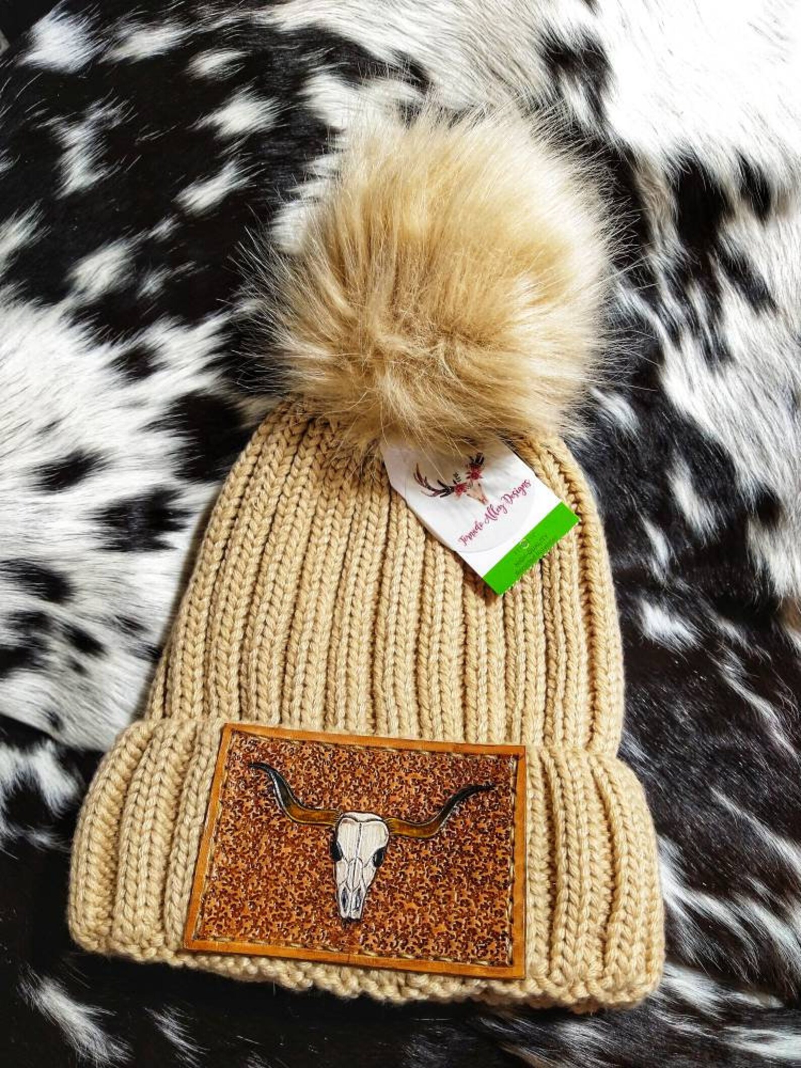 Skull Patch Hat Tooled Leather Hat Beanie With Pom Tooled - Etsy