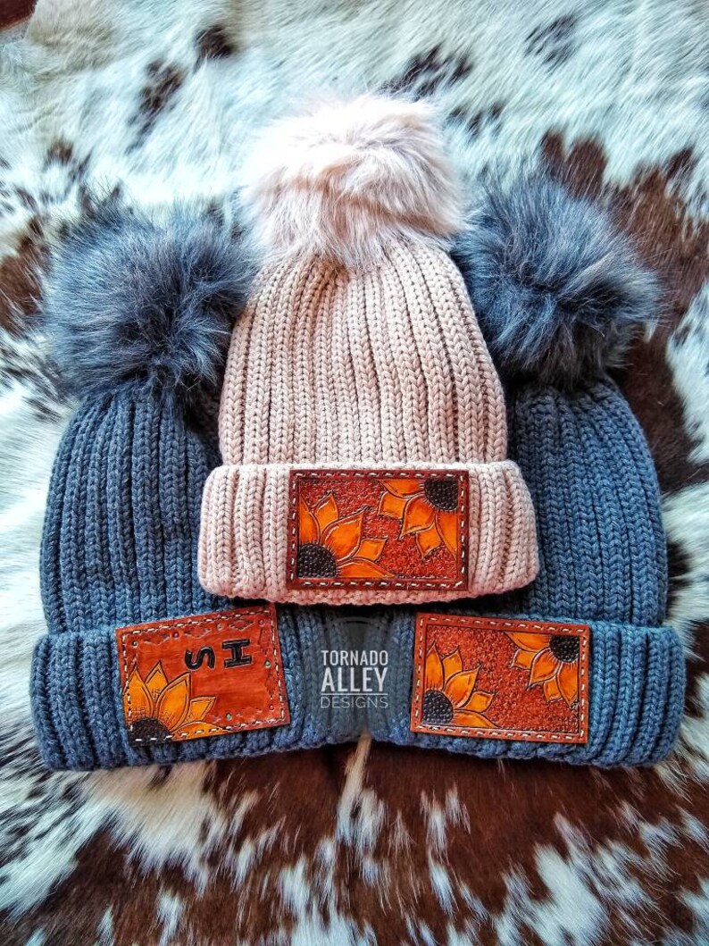 Sunflower Patch Hat Tooled Leather Hat Beanie With Pom - Etsy