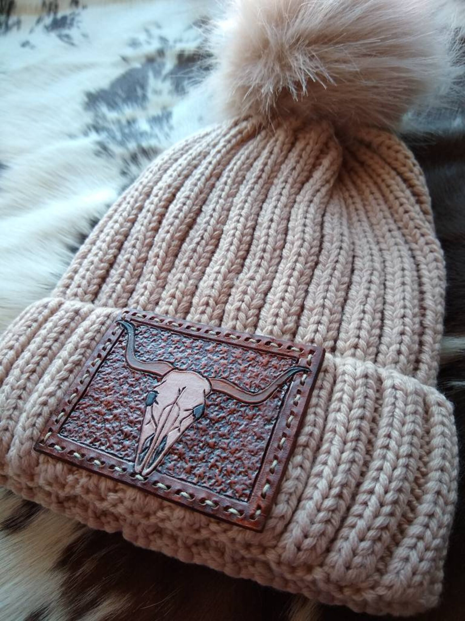 Skull Patch Hat Tooled Leather Hat Beanie With Pom Tooled - Etsy