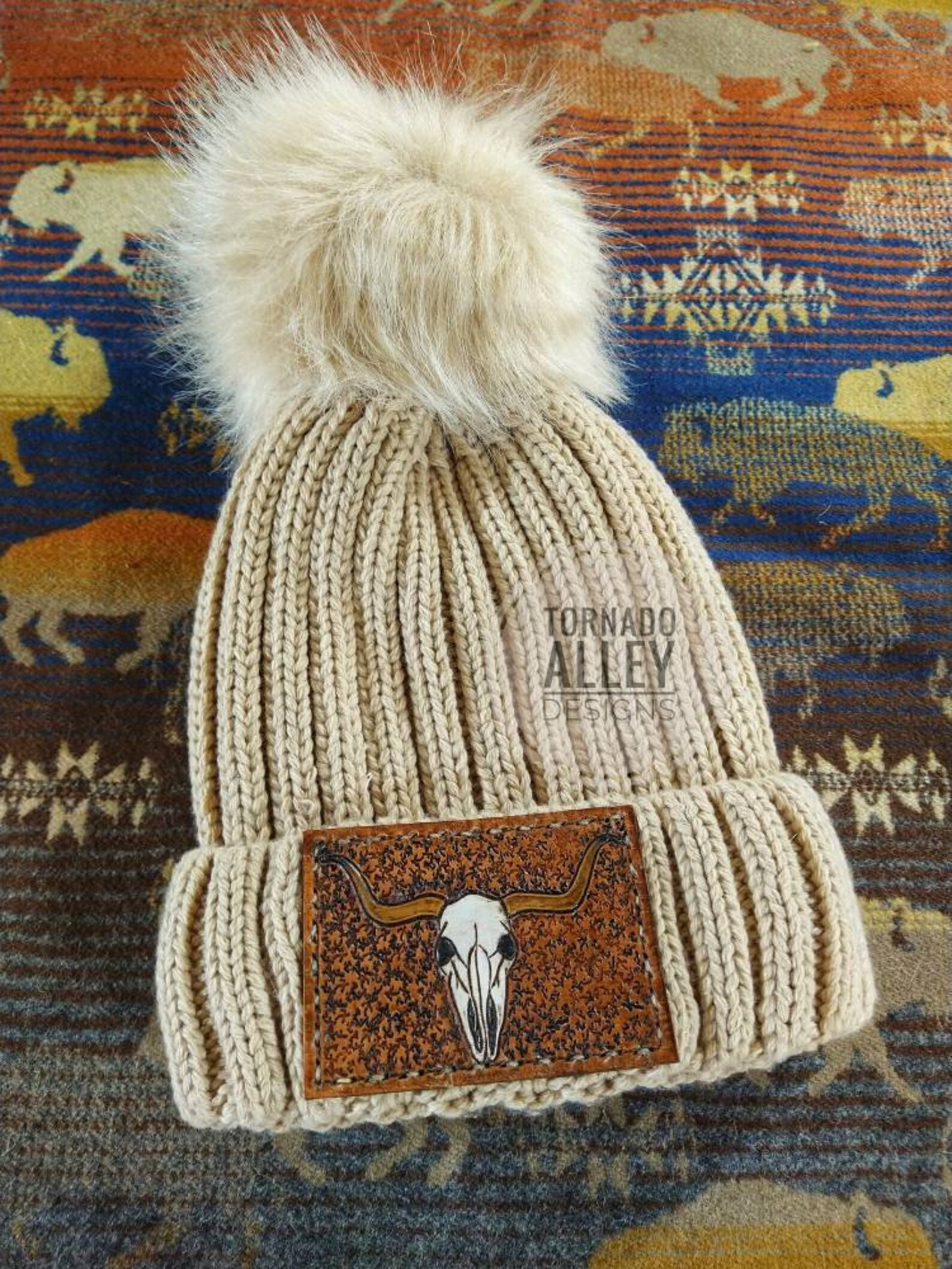 Skull Patch Hat Tooled Leather Hat Beanie With Pom Tooled - Etsy