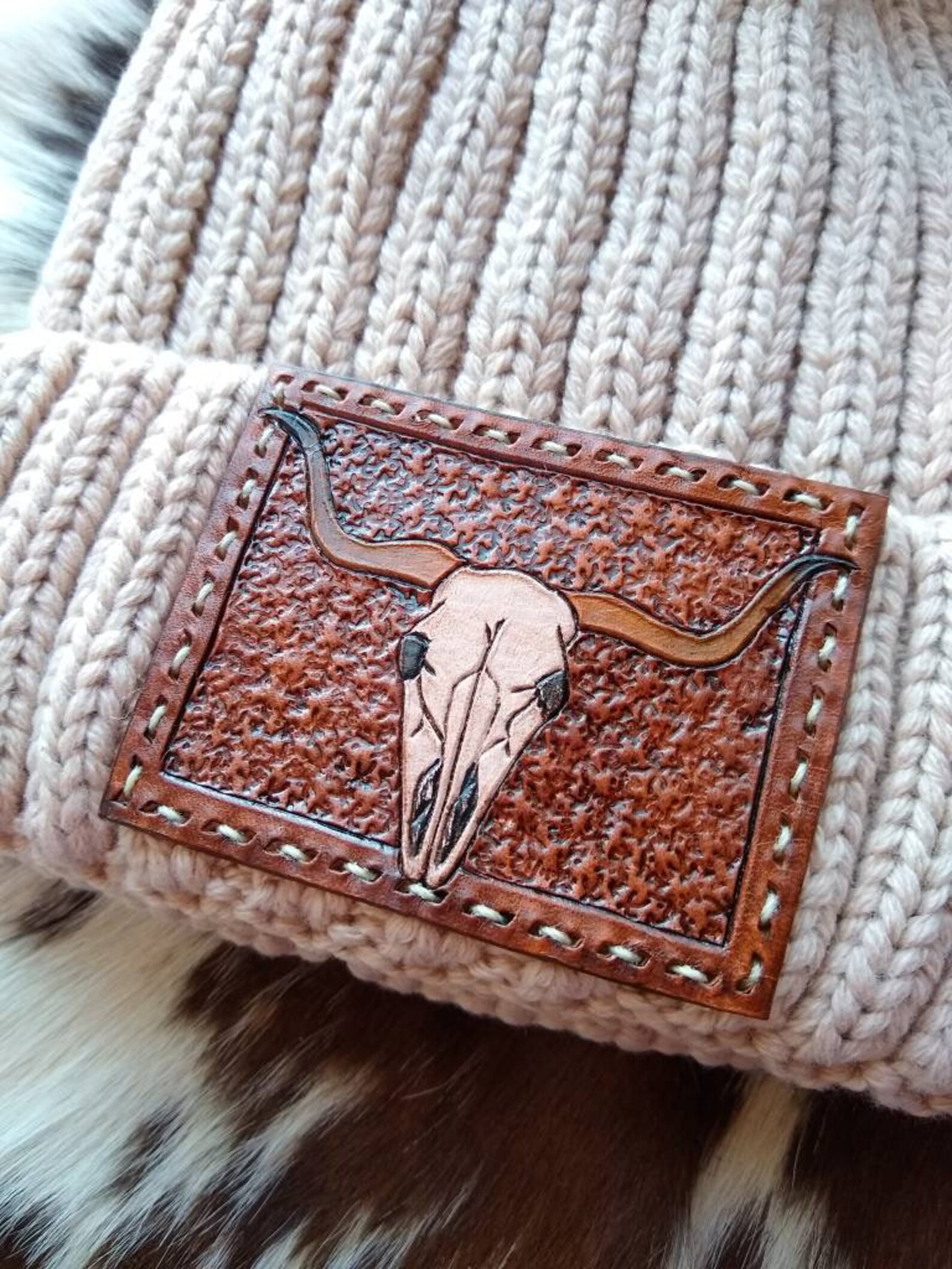 Skull Patch Hat Tooled Leather Hat Beanie With Pom Tooled - Etsy