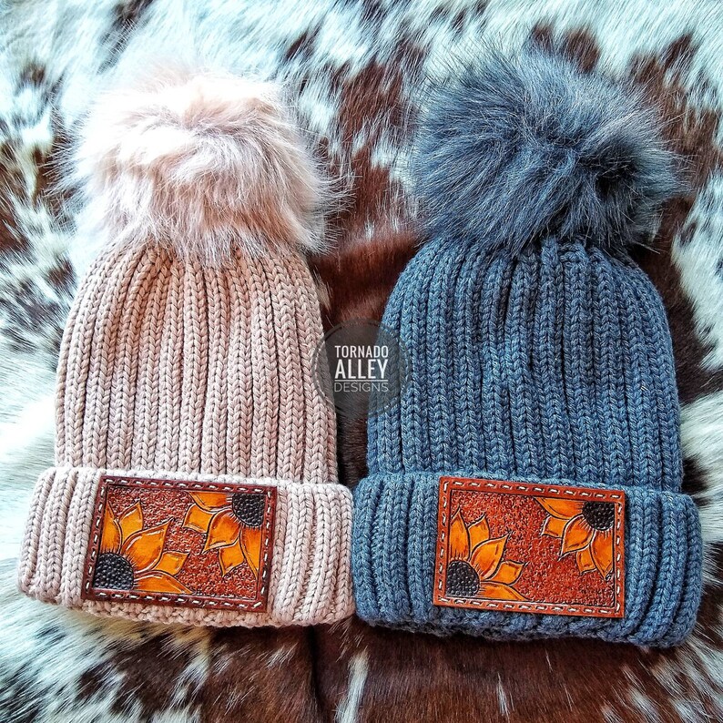 Sunflower Patch Hat Tooled Leather Hat Beanie With Pom - Etsy