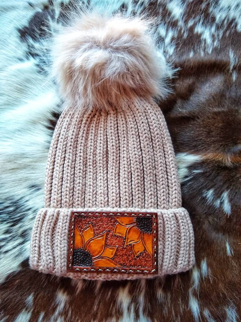 Sunflower Patch Hat Tooled Leather Hat Beanie With Pom - Etsy