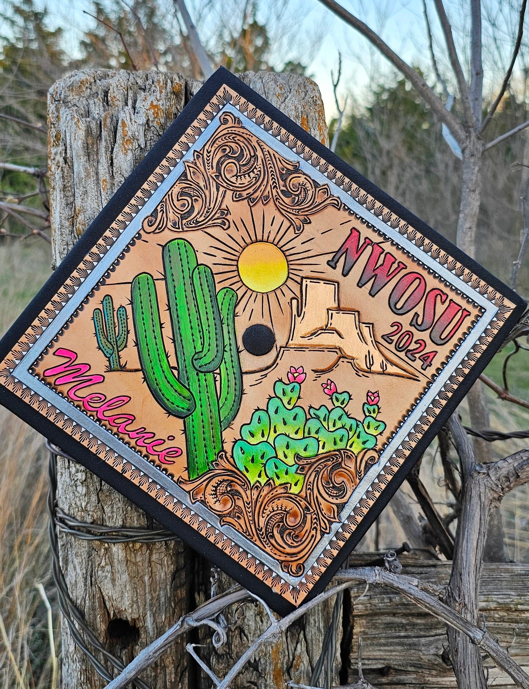 Tooled Leather Graduation Cap Topper, Leather Grad Cap, Western Grad ...
