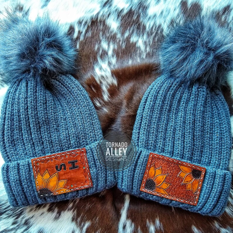 Sunflower Patch Hat Tooled Leather Hat Beanie With Pom - Etsy