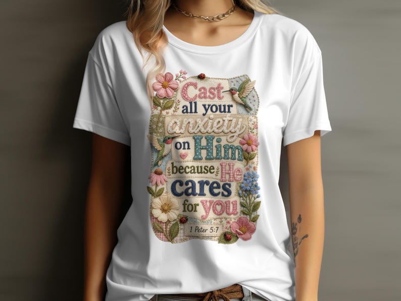 Christian T-shirt, 1 Peter 5:7 Verse, Hummingbird Floral Quilted Design ...