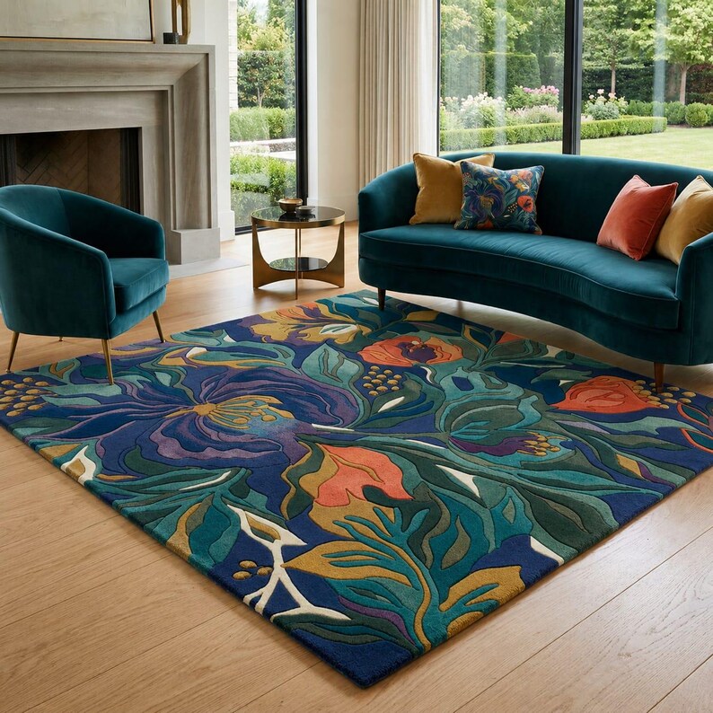 Hand Tufted Wool Rug, Colorful Floral Botanical Area Carpet, Modern ...