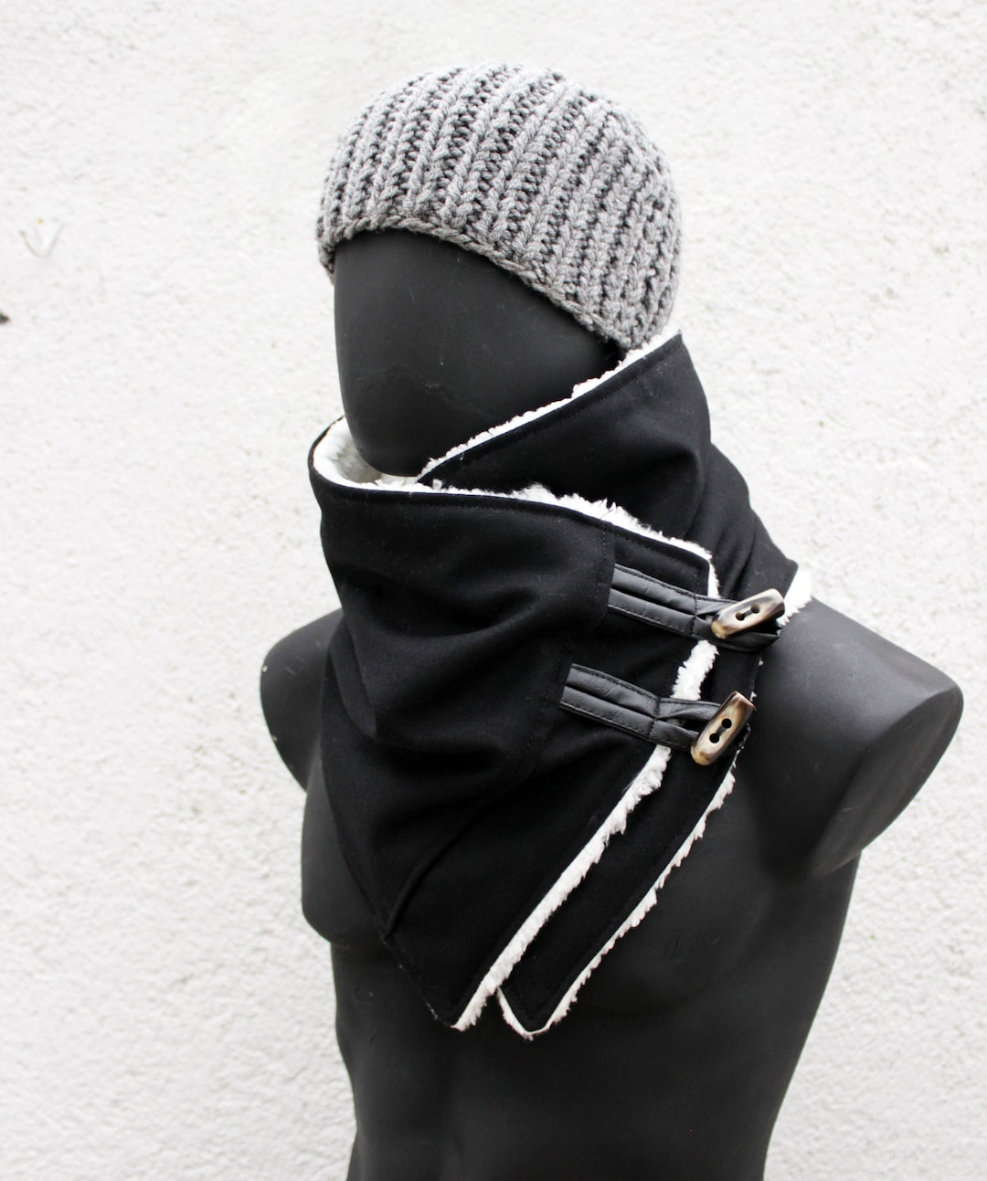 Unisex Scarf. Men and Women Cowl. Black Wool & Fake Shearling,toggle ...