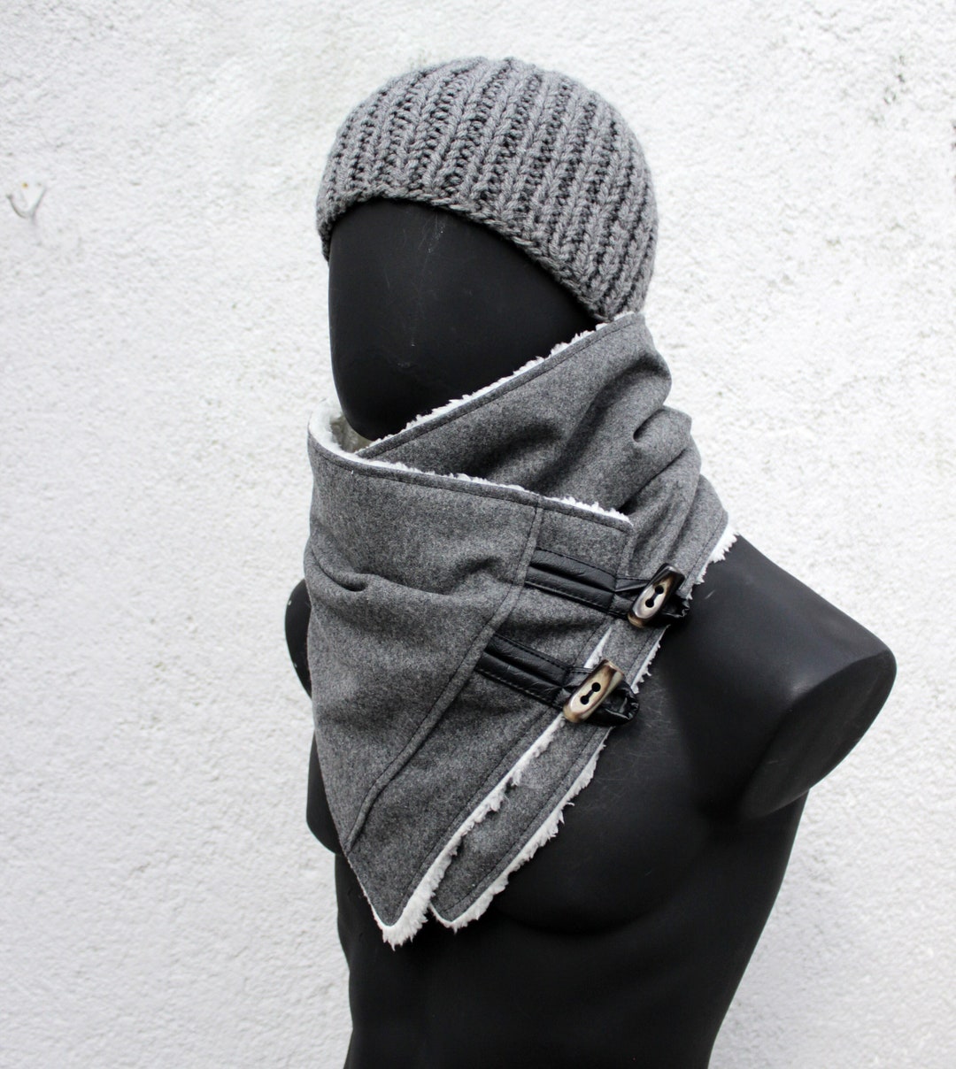 Cowl Scarf.oxford Grey Wool,sherpa Fabric,toggles,unisex,women & Men ...