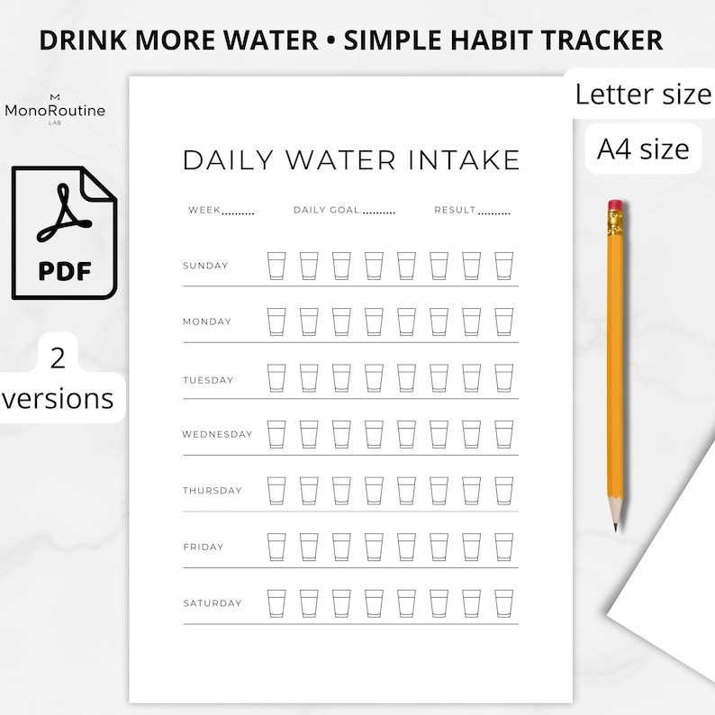 Daily Water Intake Tracker Printable, Minimalist Weekly Water Log ...