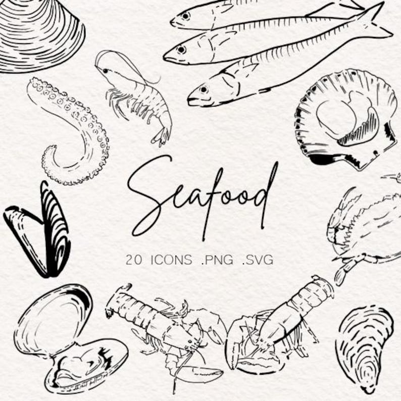 Seafood Illustration Png, Seafood Clipart, Hand Drawn Line Art Clipart ...