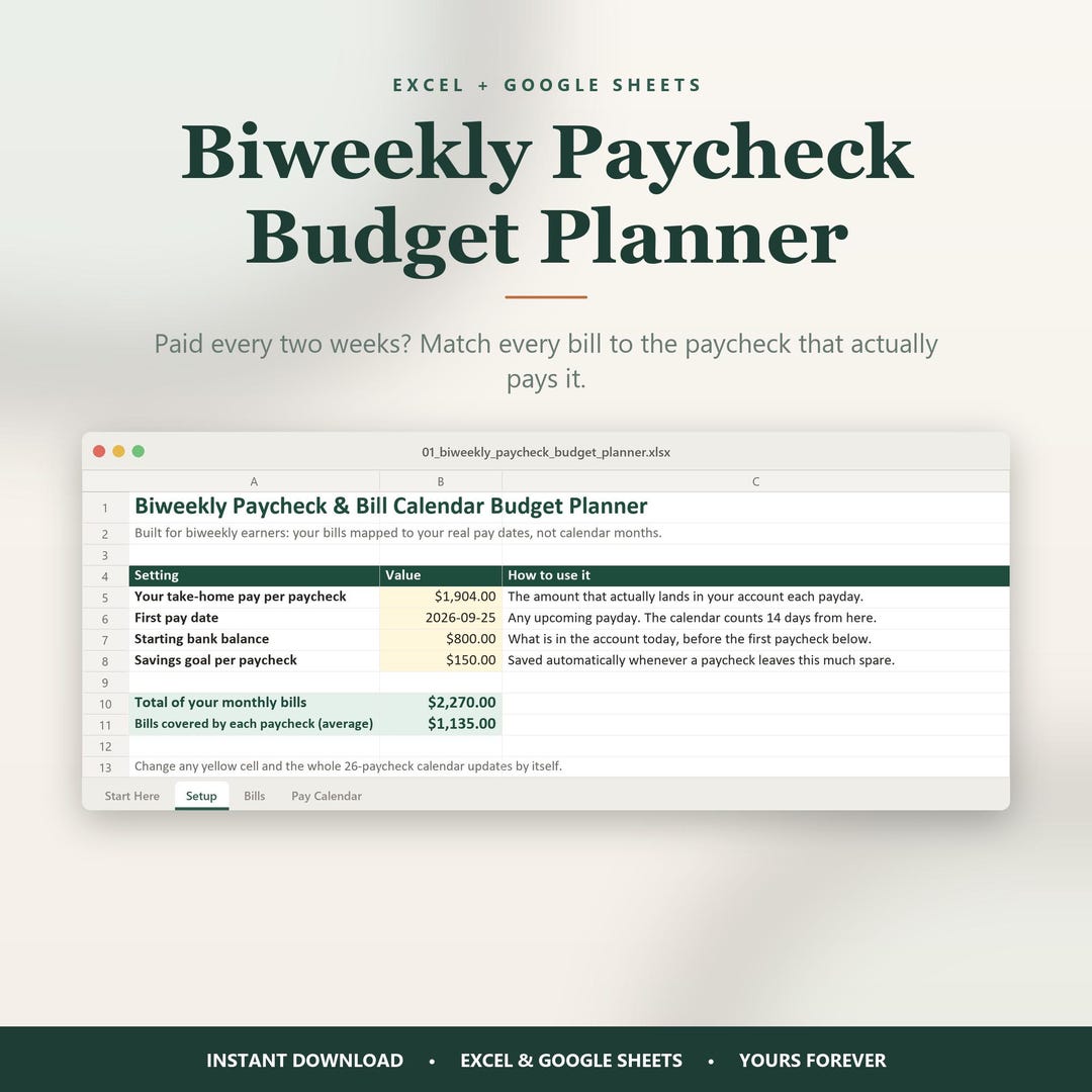 Biweekly Paycheck Budget Planner, Excel Spreadsheet, Bill Calendar ...