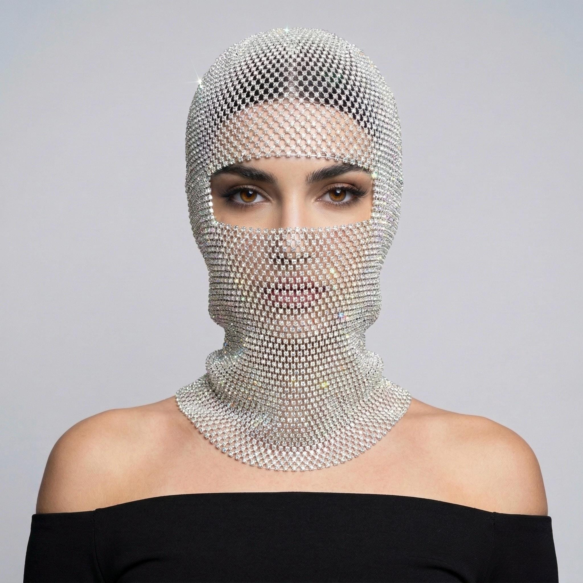 Rhinestone Hood Mask | Crystal Mesh Full Face Hood | Sparkling Party ...