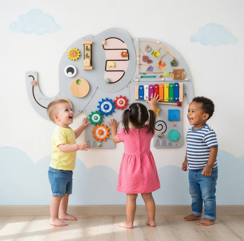 Elephant Montessori Activity Wall Panel - Sensory Toy for Toddlers ...