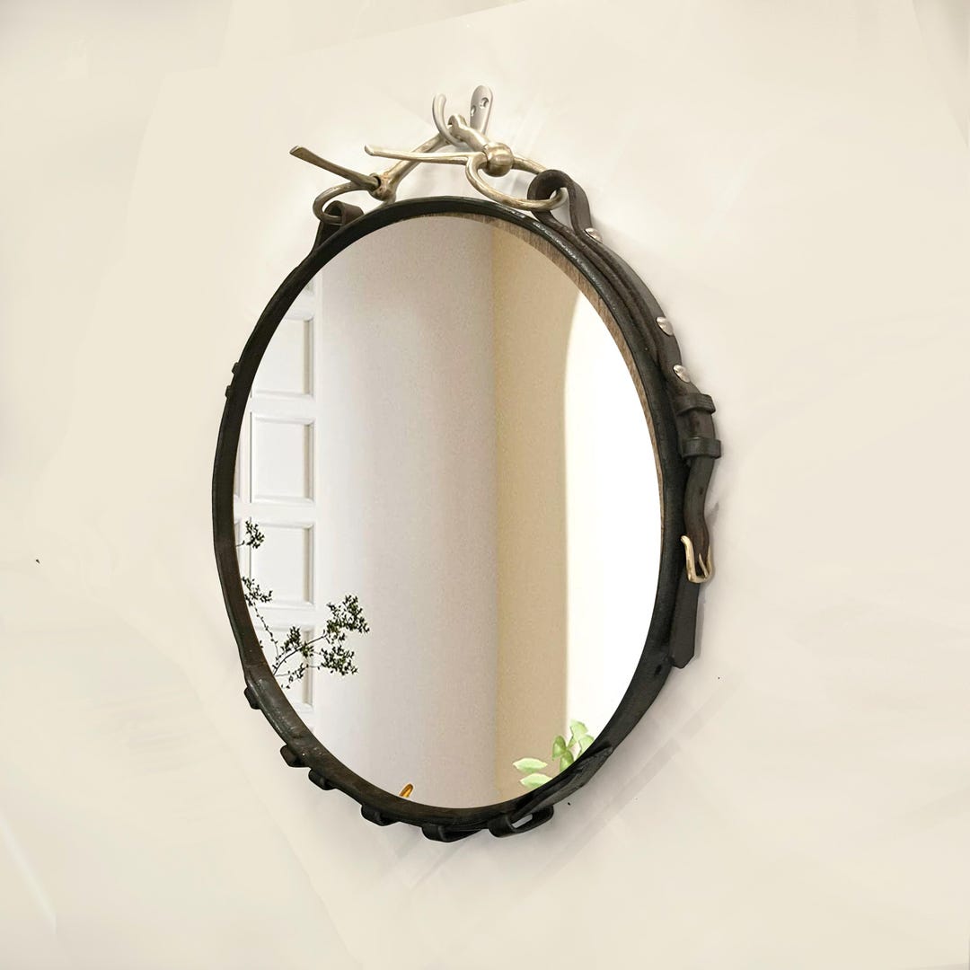 16" Equestrian Leather Circle Mirror With Vintage Half-cheek Bit Hanger ...