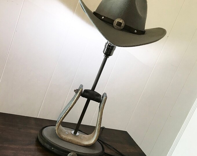 Western Stirrup Table Lamp With Genuine Cowboy Hat + Leather Trim Horse ...
