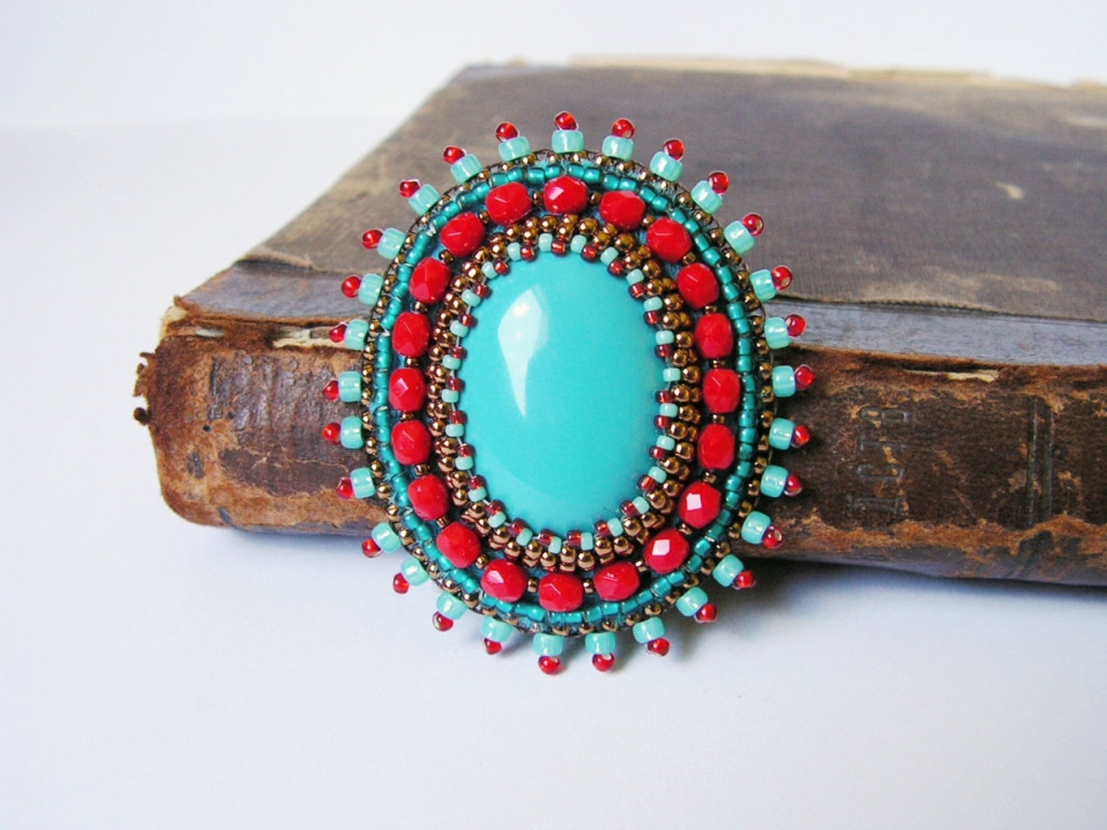 Turquoise Red Brooch Bead Embroidery Brooch Beadwork Brooch - Etsy