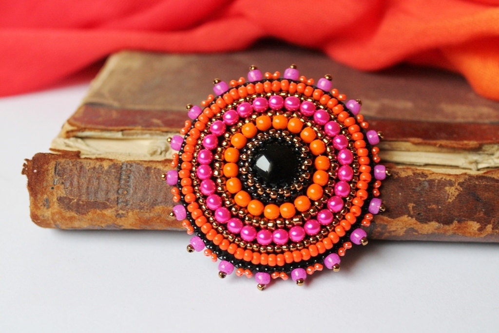 Bead embroidery Brooch Beadwork Brooch Orange Fuchsia Brooch | Etsy