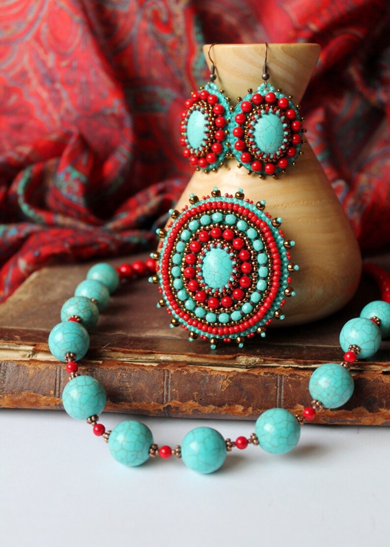 Turquoise Red Brooch Beadwork Turquoise Brooch Bead Emboidery - Etsy