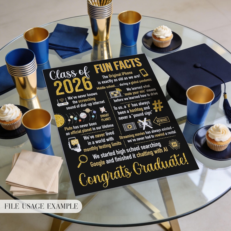 Class of 2026 Fun Facts Graduation Party Sign Black & Gold, Digital ...