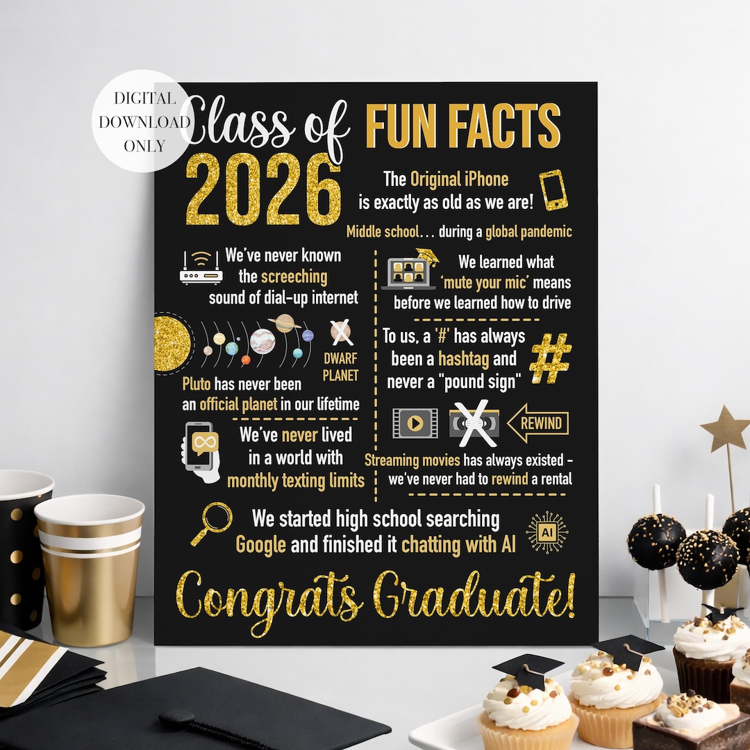 Class of 2026 Fun Facts Graduation Party Sign Black & Gold, Digital ...