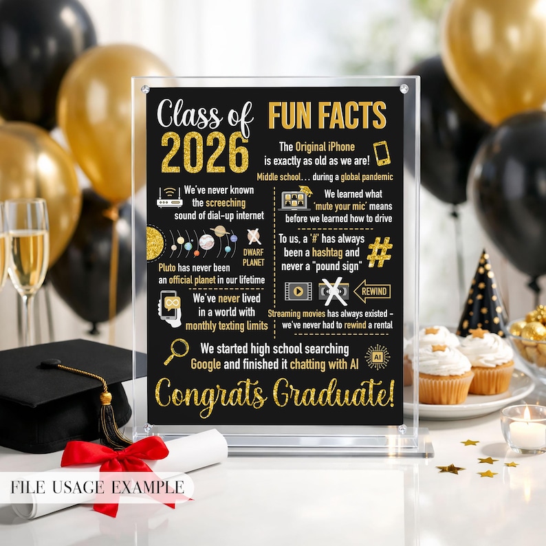 Class of 2026 Fun Facts Graduation Party Sign Black & Gold, Digital ...