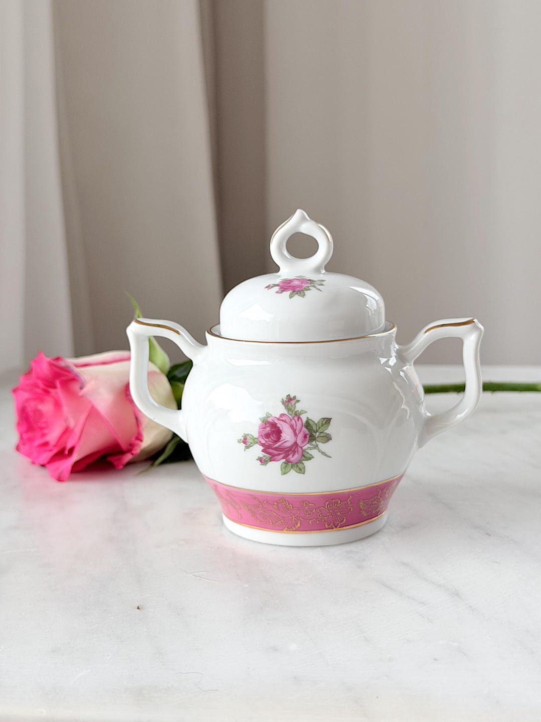 Vintage SEP “madonna” Sugar Bowl – East Germany GDR – Pink Roses & Gold ...