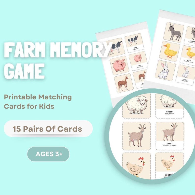 Farm Animals Memory Game Printable Matching Cards for Kids (digital ...