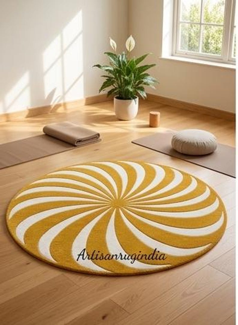 Hand Tufted Wool Round Rug, Mustard Ivory Spiral Abstract Carpet - Etsy