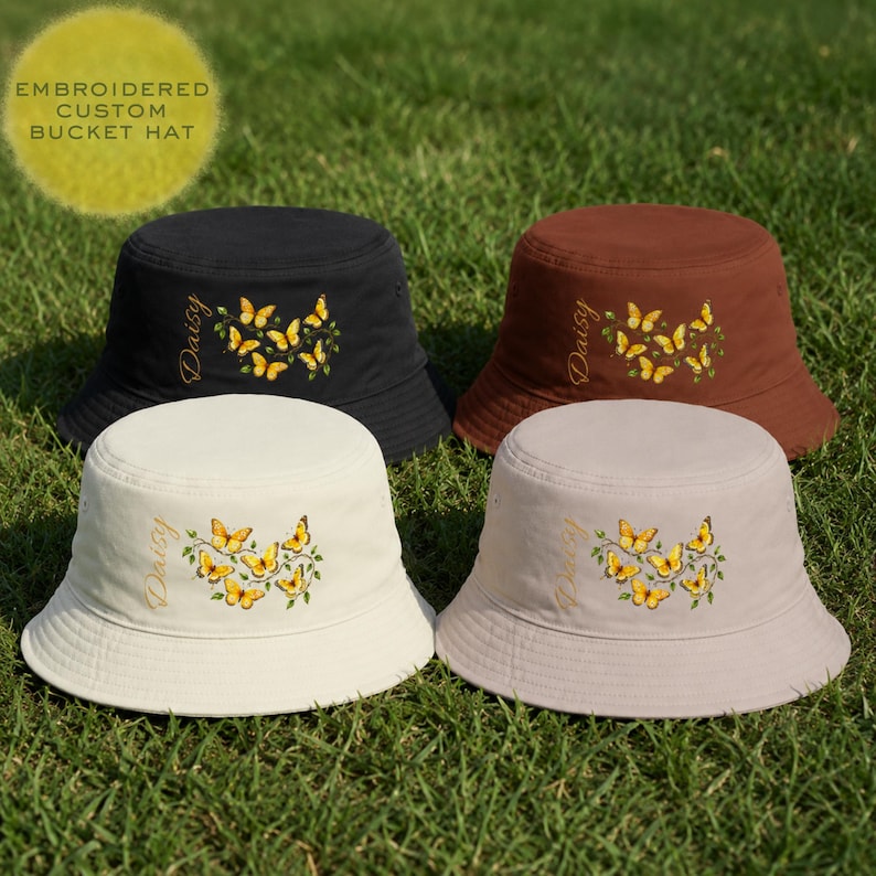Custom Bucket Hat Embroidered Butterfly Vintage Women Sun Hat Mom ...