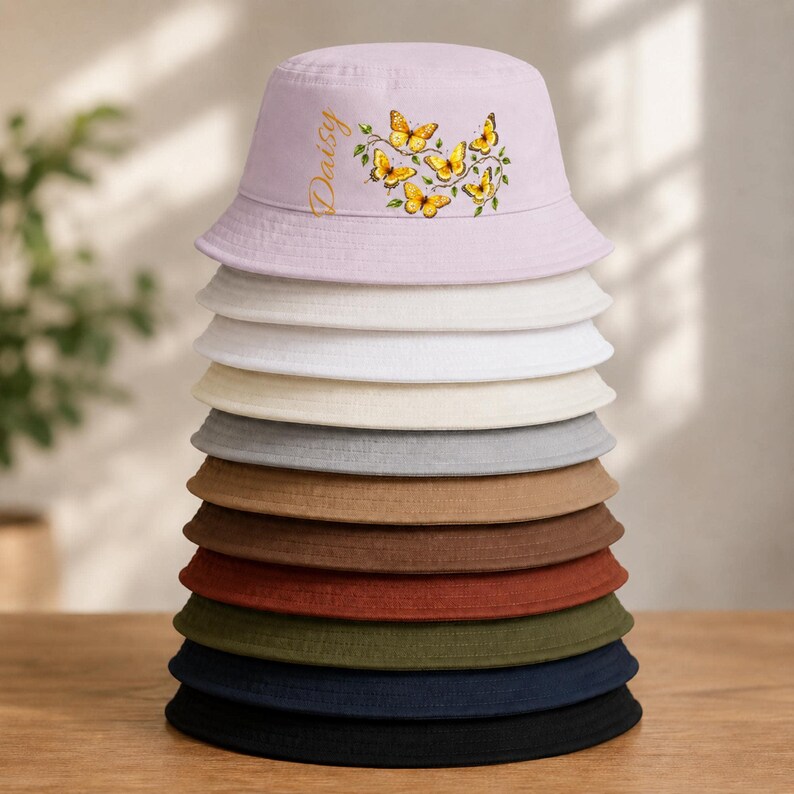 Custom Bucket Hat Embroidered Butterfly Vintage Women Sun Hat Mom ...