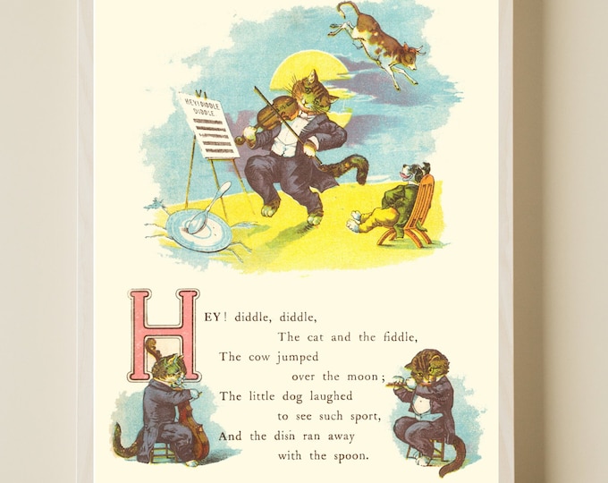 Antique Children's Nursery Rhyme HEY DIDDLE Diddle Cat Fiddle Cow Moon ...