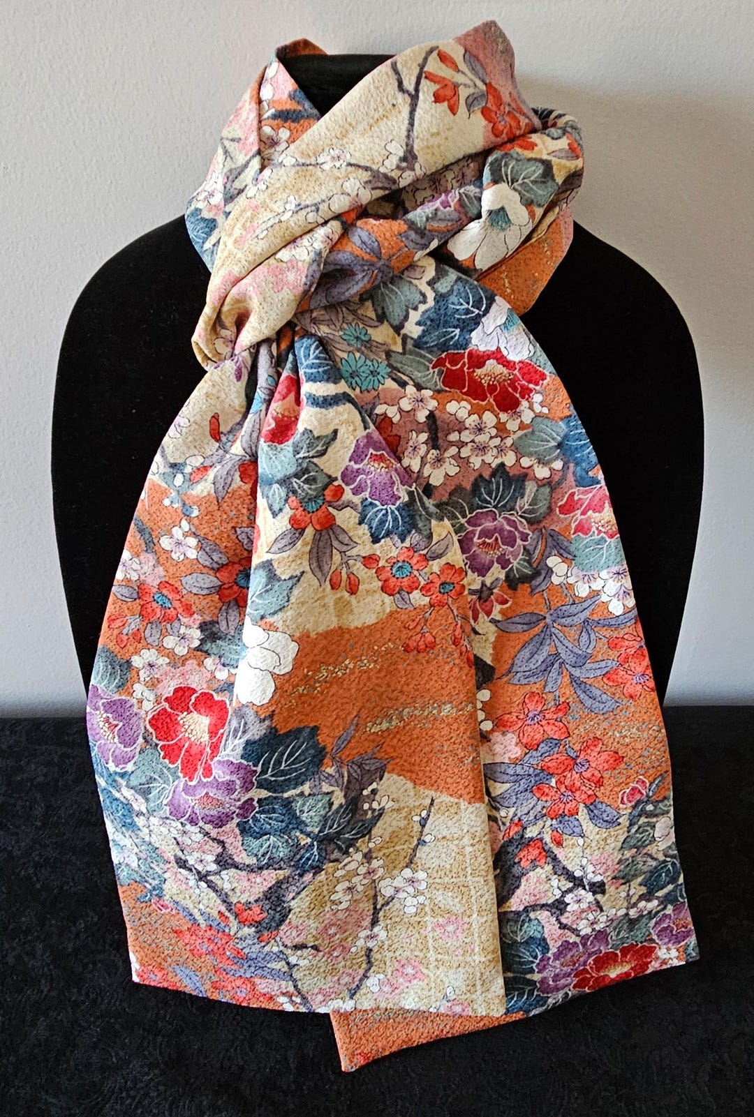 Japanese Kimono Scarf S3871 - Modern Nostalgic Floral Print Silk - Etsy