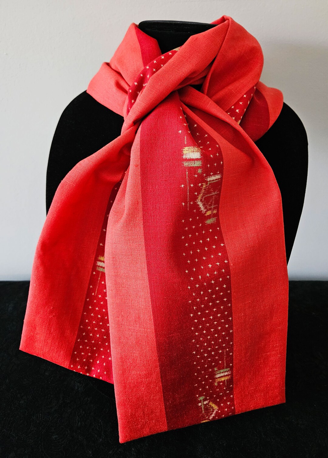 Kimono Scarf S1977 Red Wool Ikat kasuri Stripes - Etsy