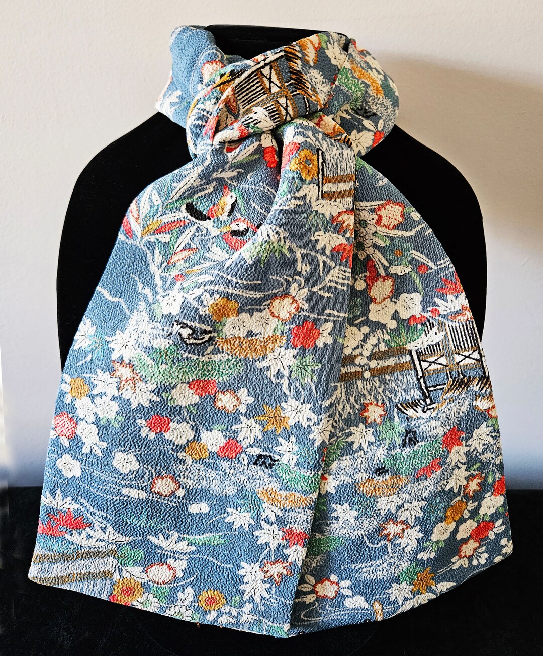 Japanese Kimono Scarf S1939 Cadet Blue Chirimen Silk Print - Etsy